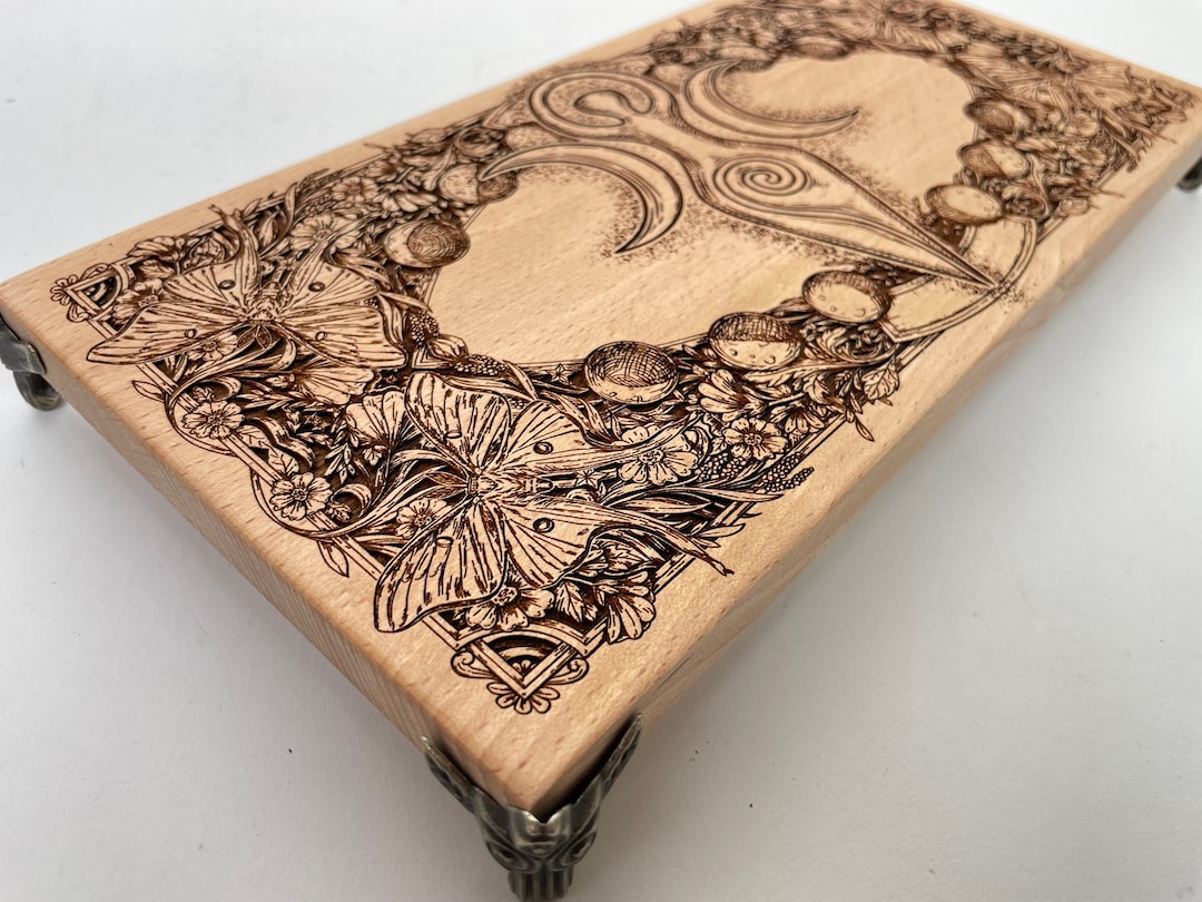 Wiccan Altar Table, Triple Moon Goddess, Altar Board Engraved, Wooden ...