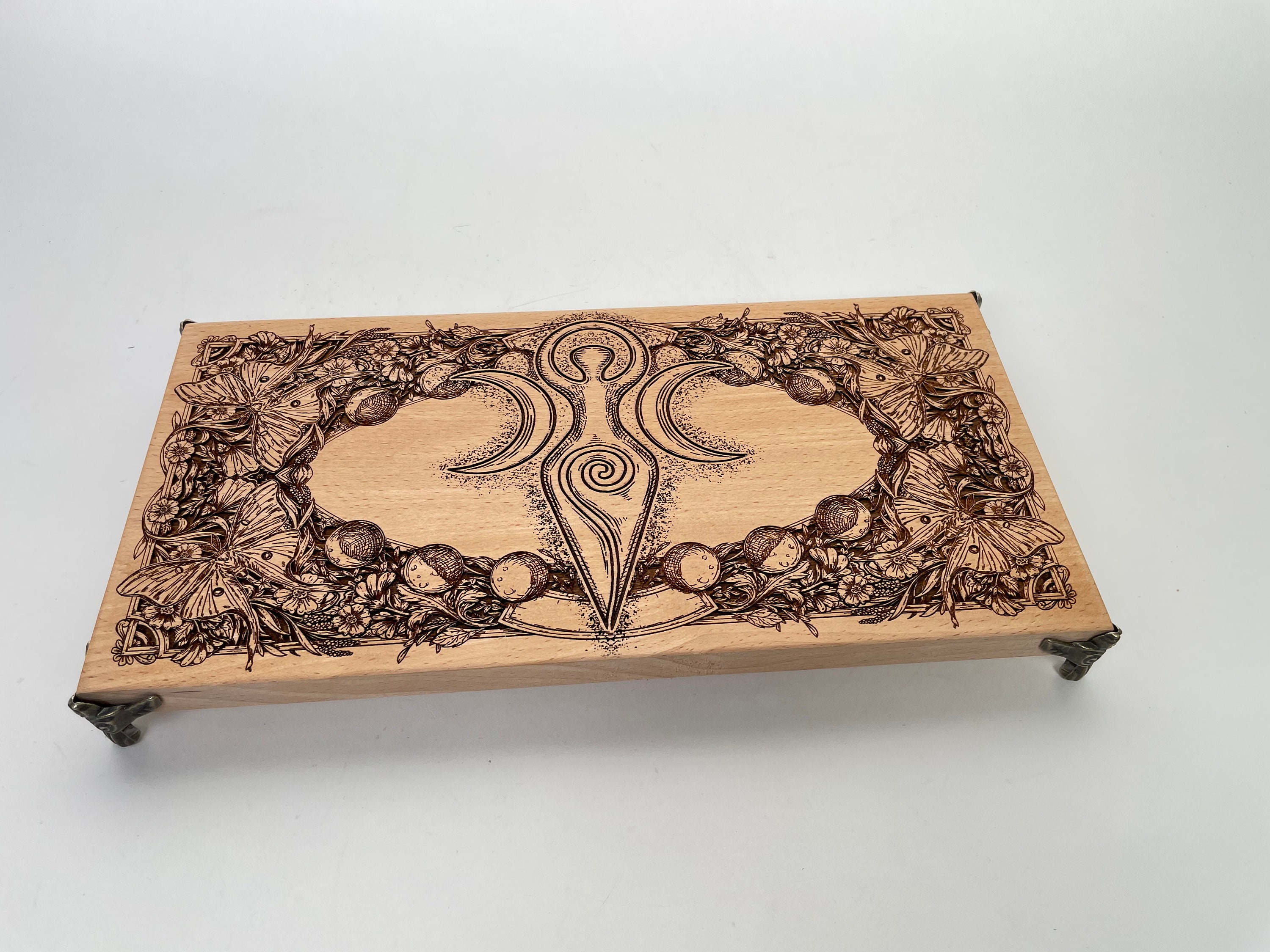 Wiccan Altar Table, Triple Moon Goddess, Altar Board Engraved, Wooden ...