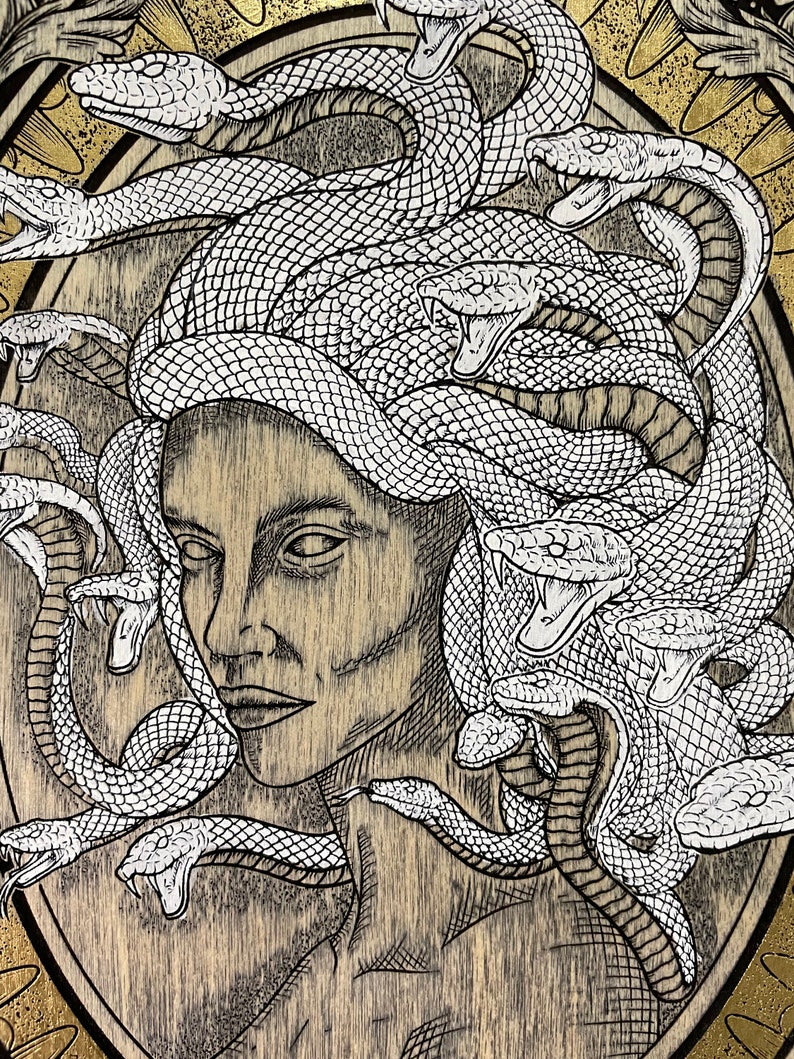 Medusa Art Hanging Plaque Sign Wall Engraved on Wood, Gothic Home Wall ...