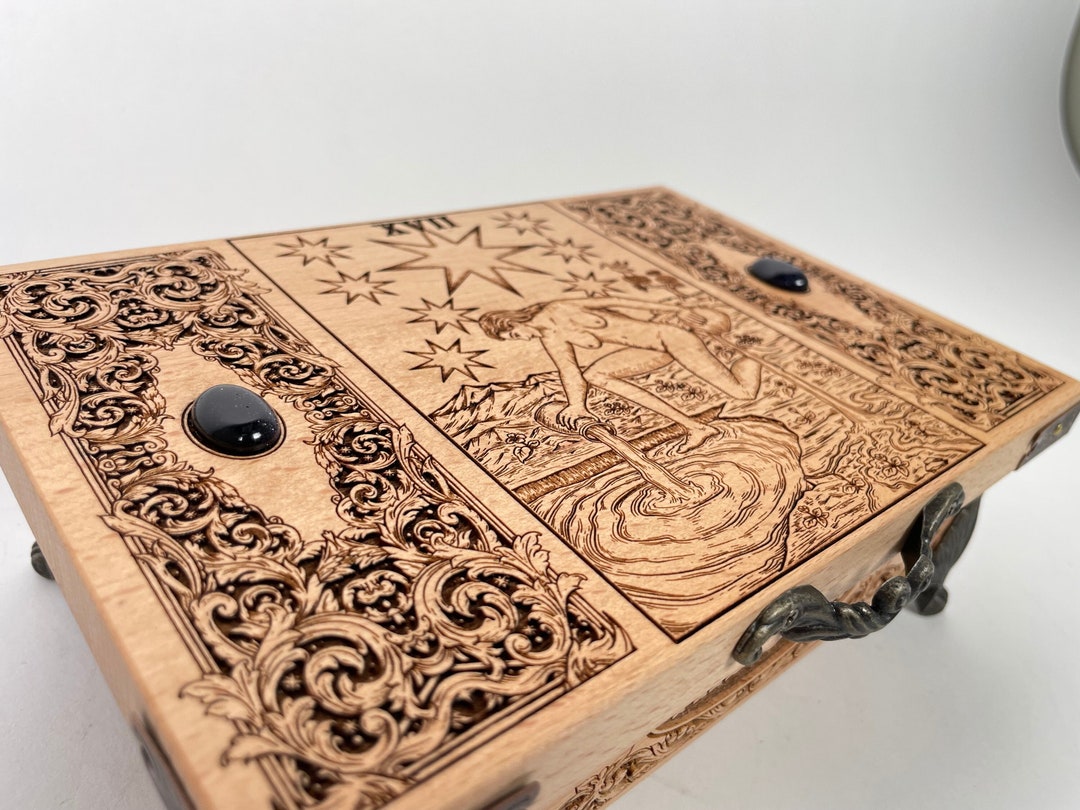 Tarot Box the Star Engraved in Solid Wood Custom Card Holder , Vintage ...