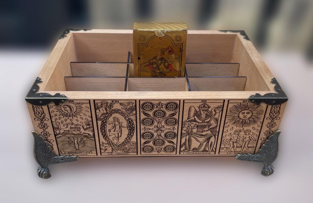 Tarot Deck Organizer 12-slot Open Top – Engraved Solid Wood Multi-deck ...