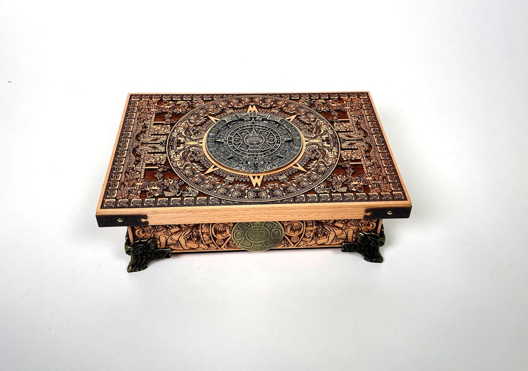 Mayan Calendar Jewelry Box, Engraved With Mayan Art Tarot Holder Carved ...