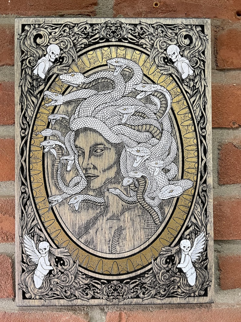 Medusa Art Hanging Plaque Sign Wall Engraved on Wood, Gothic Home Wall ...