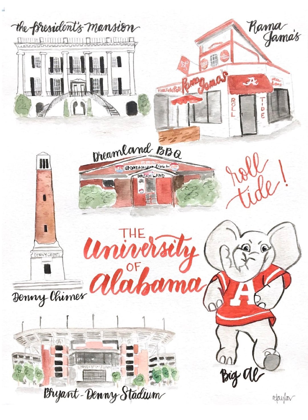 University of Alabama 11x14 Print of Original Watercolor - Etsy