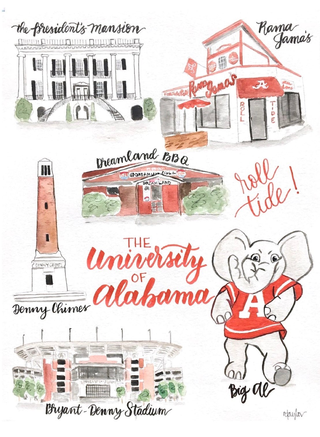 University of Alabama 11x14 Print of Original Watercolor - Etsy