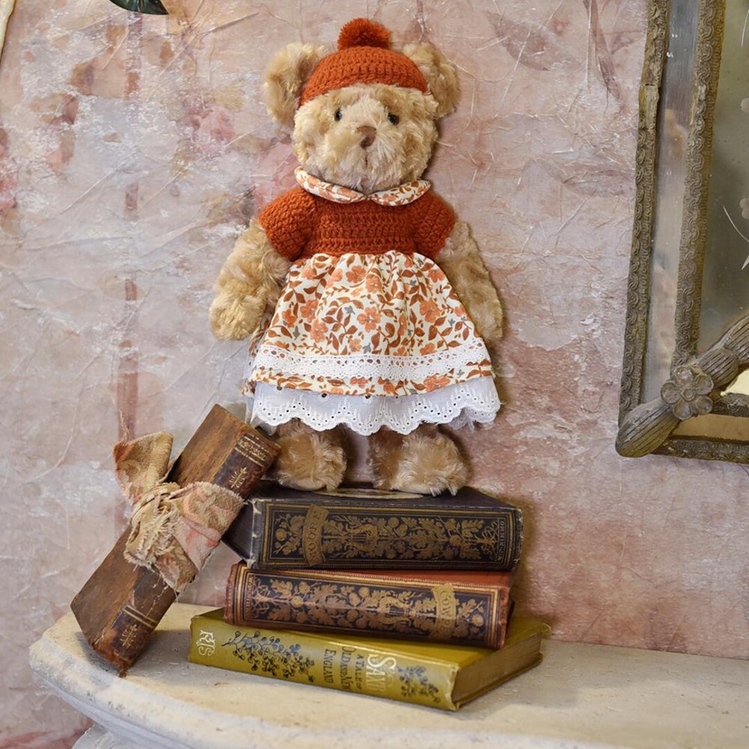 Teddy Wearing Autumnal Floral Skirt and Hand Crocheted Jumper & Hat - Etsy
