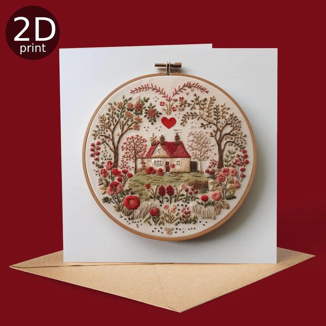 Embroidered Folk Cottage 2D Printed Card - Etsy