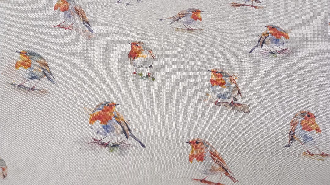 Watercolour Robin Print Fabric, Beige Linen Look Fabric PER HALF METRE ...