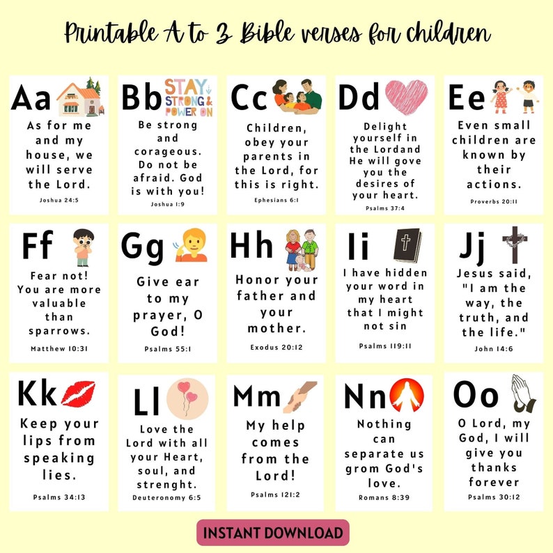 Bible Verse Cards for Children, A to Z Bible Kids Room Printable, Bible ...