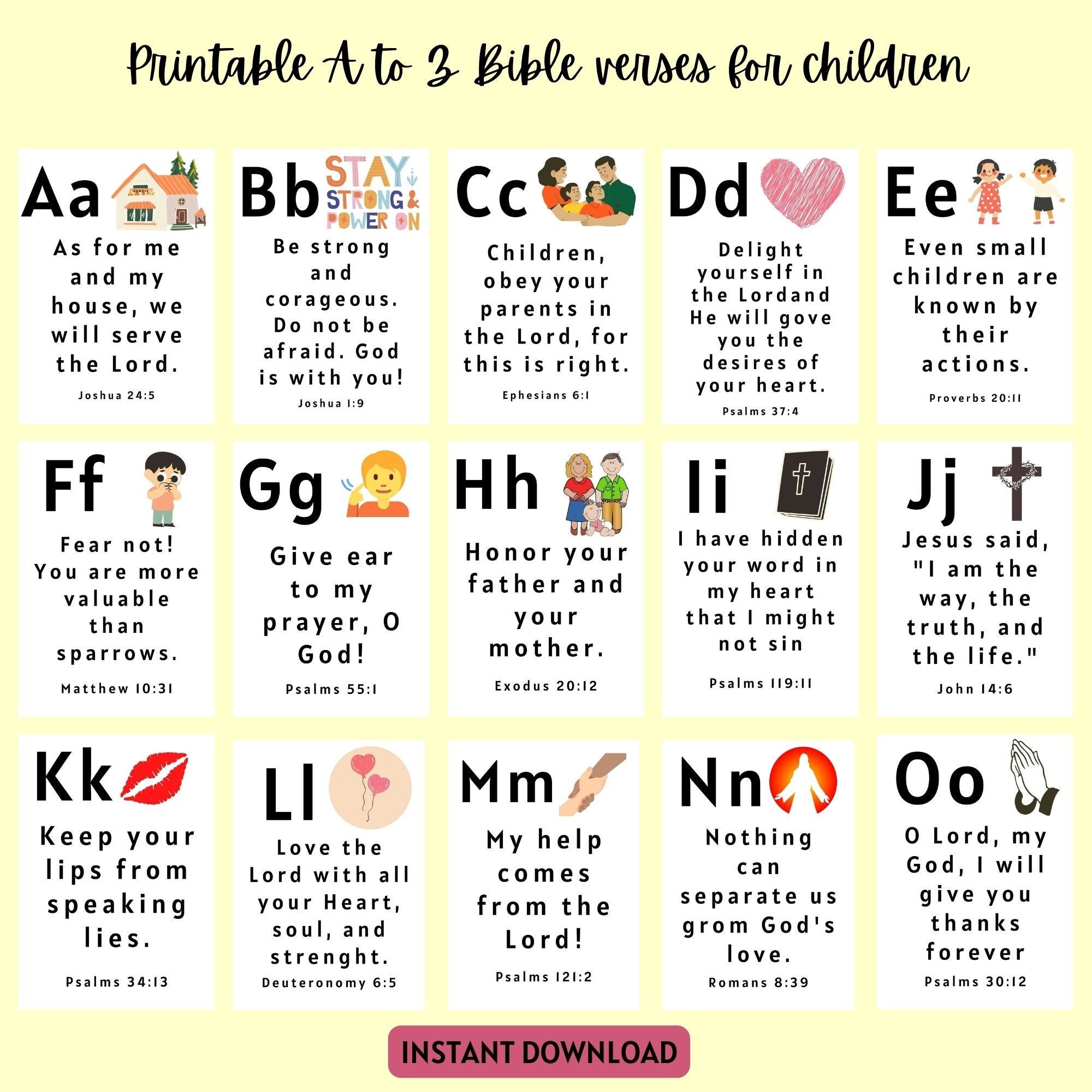 Bible Verse Cards for Children, A to Z Bible Kids Room Printable, Bible ...