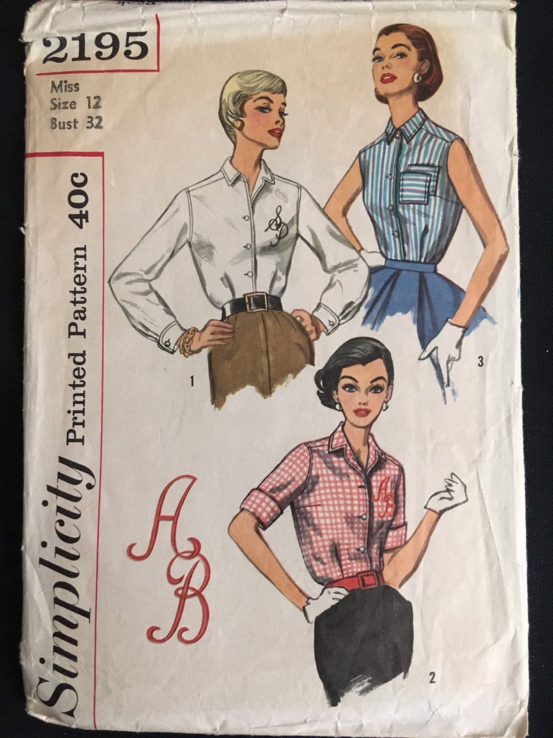 Simplicity 2195 1950s Vintage Sewing Pattern Complete Monogram Blouse ...