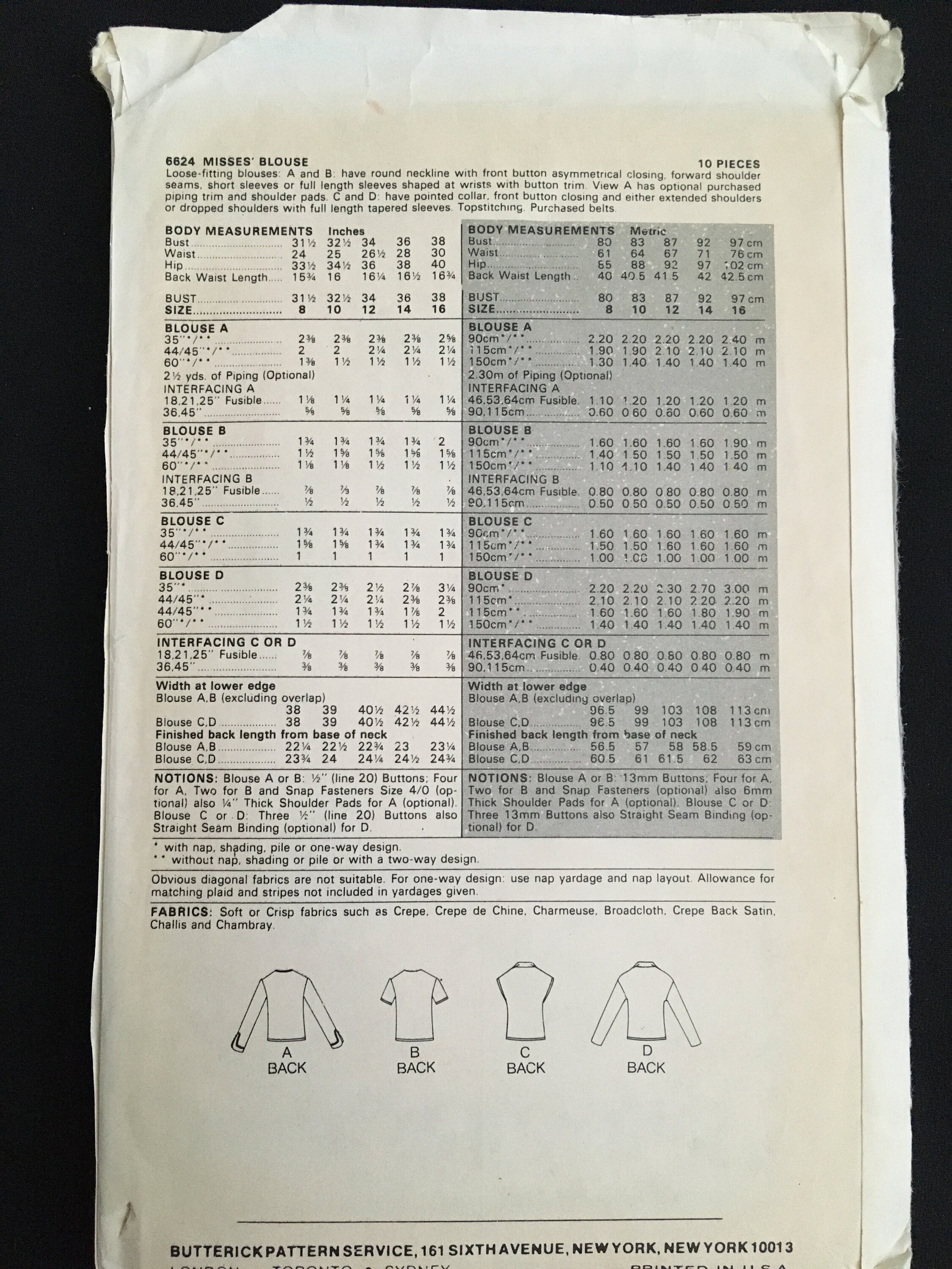 Butterick 6624 1980s Vintage Sewing Pattern Size 8 Bust 31.5 Blouse ...