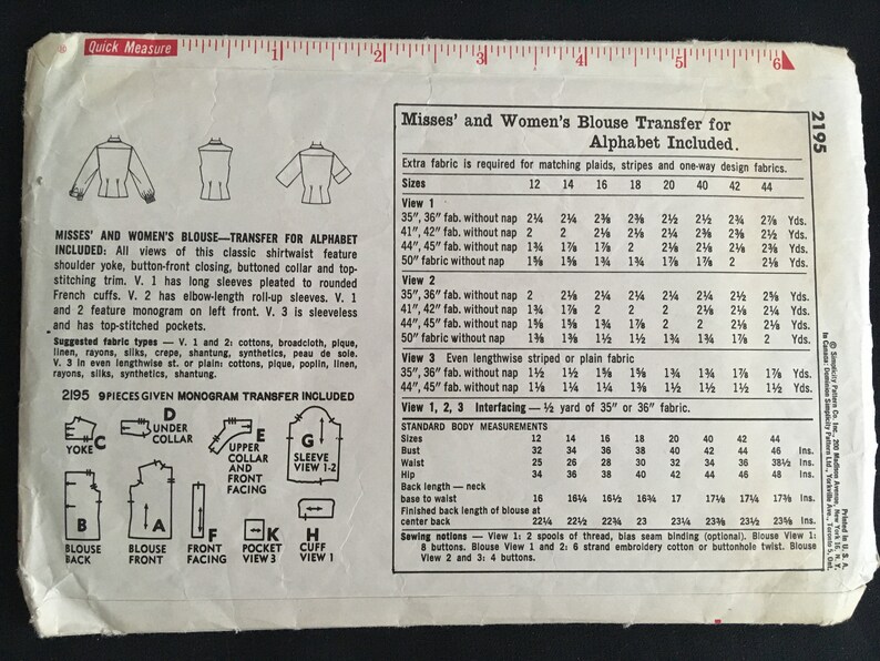 Simplicity 2195 1950s Vintage Sewing Pattern Complete Monogram Blouse ...