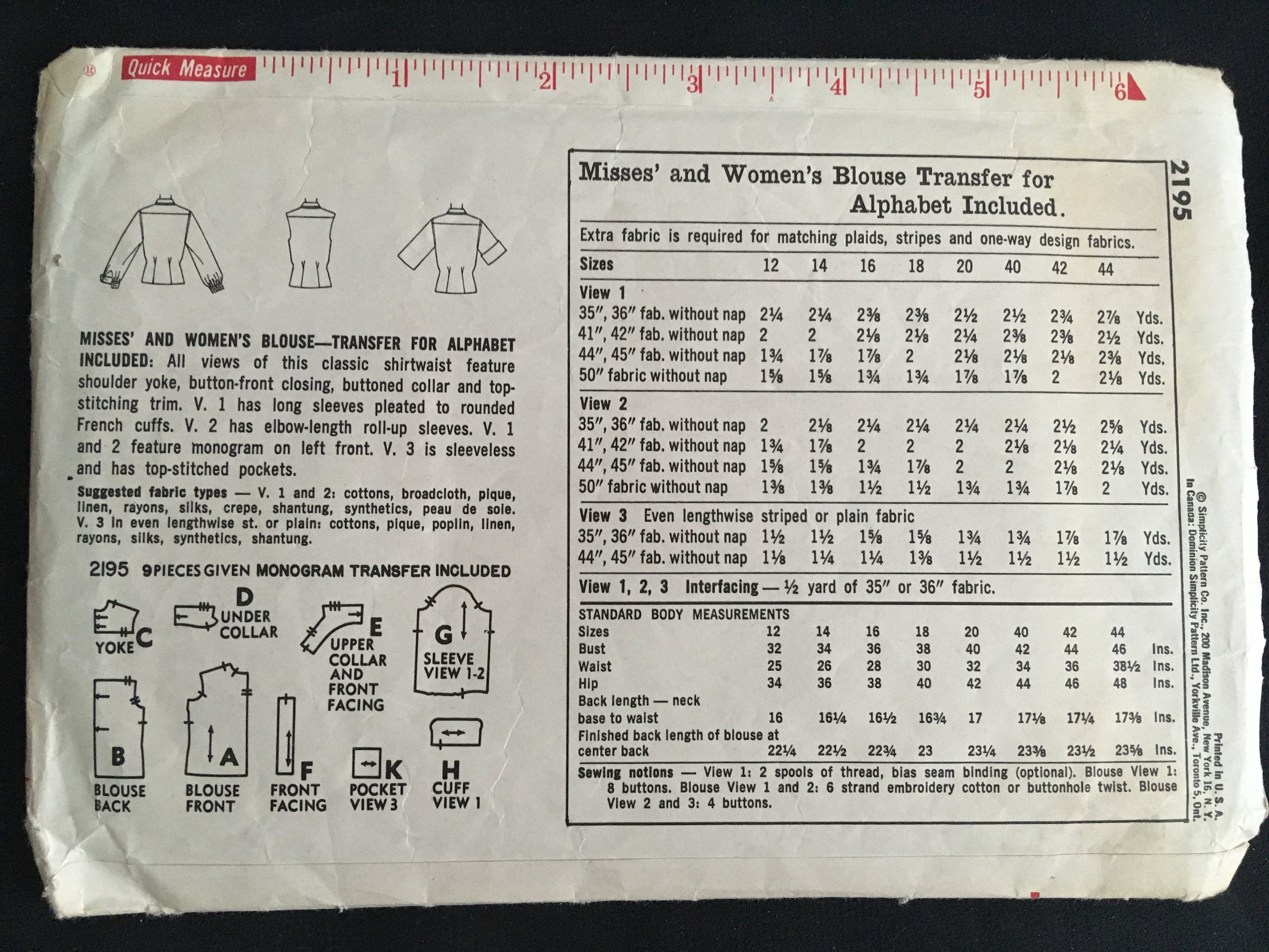 Simplicity 2195 1950s Vintage Sewing Pattern Complete Monogram Blouse ...