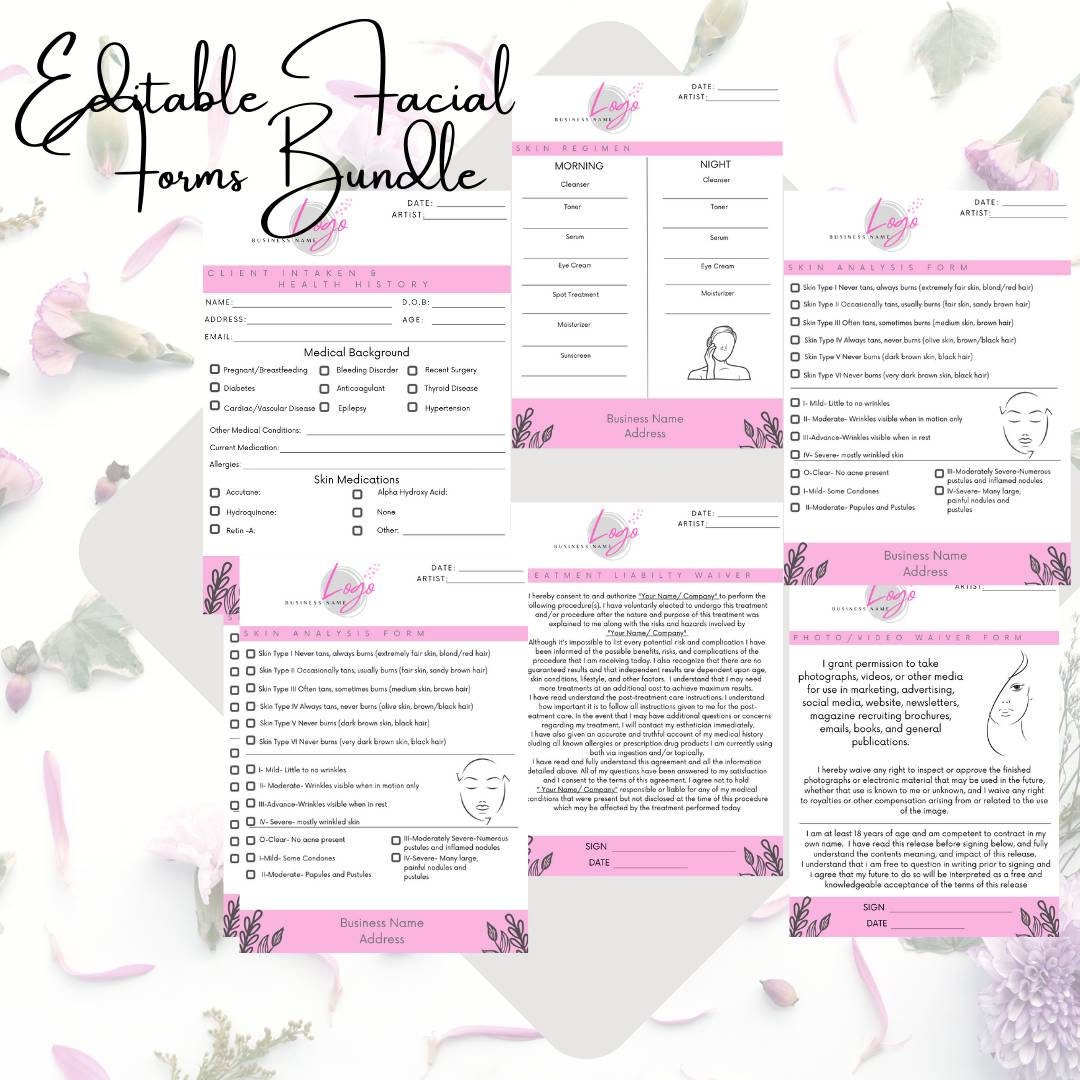 Digital Facial Forms- Esthetician Forms- Editable/downloadable File ...
