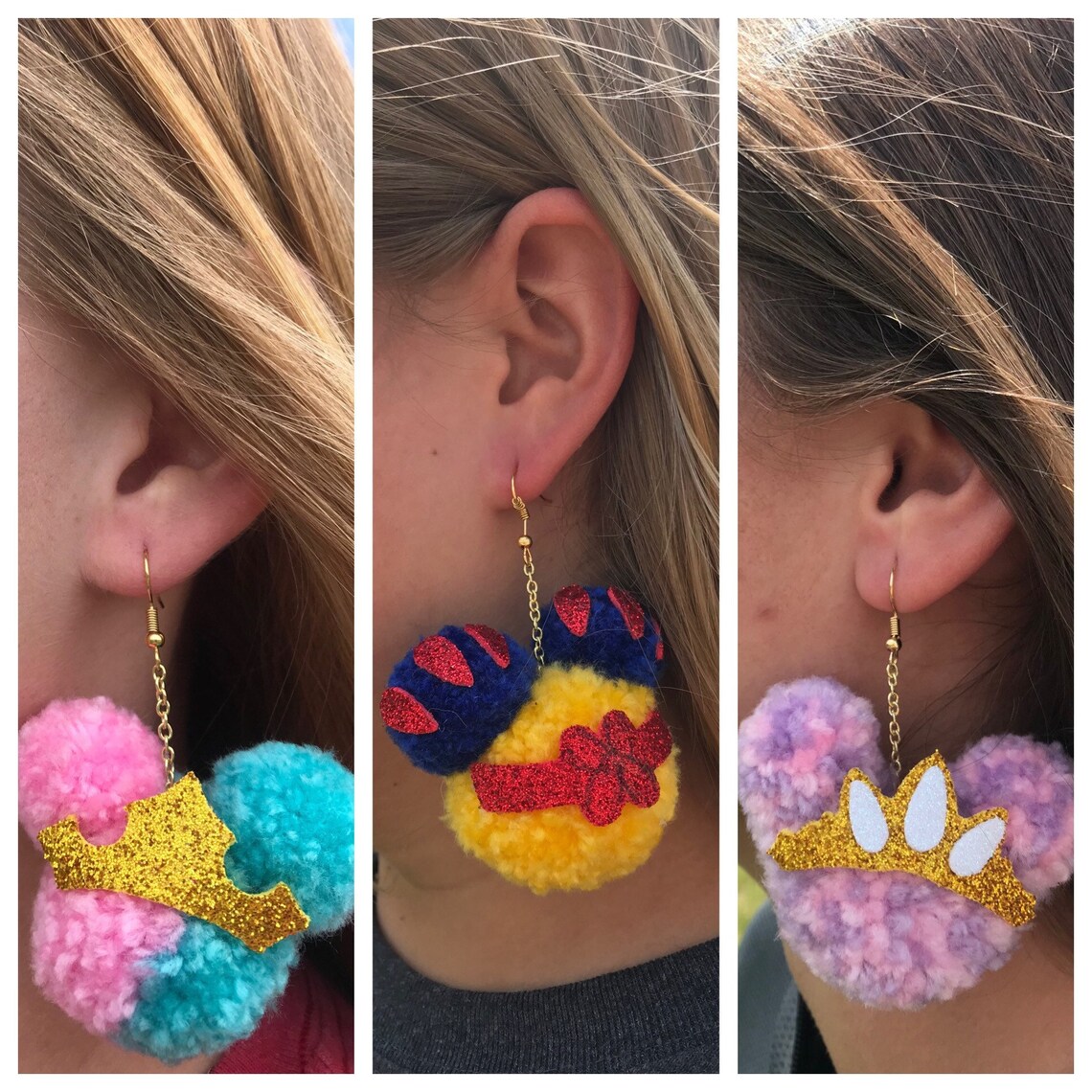 Disney Princess Inspired Pom Pom Earrings Disney Princess - Etsy