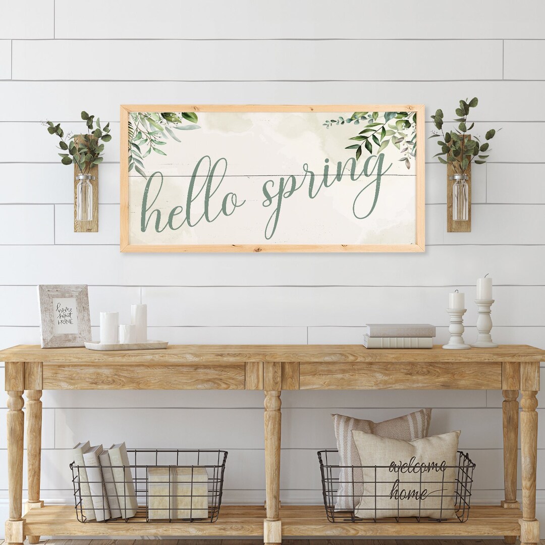 Hello Spring Wood Sign Spring Decor Framed Boho Living Room ...