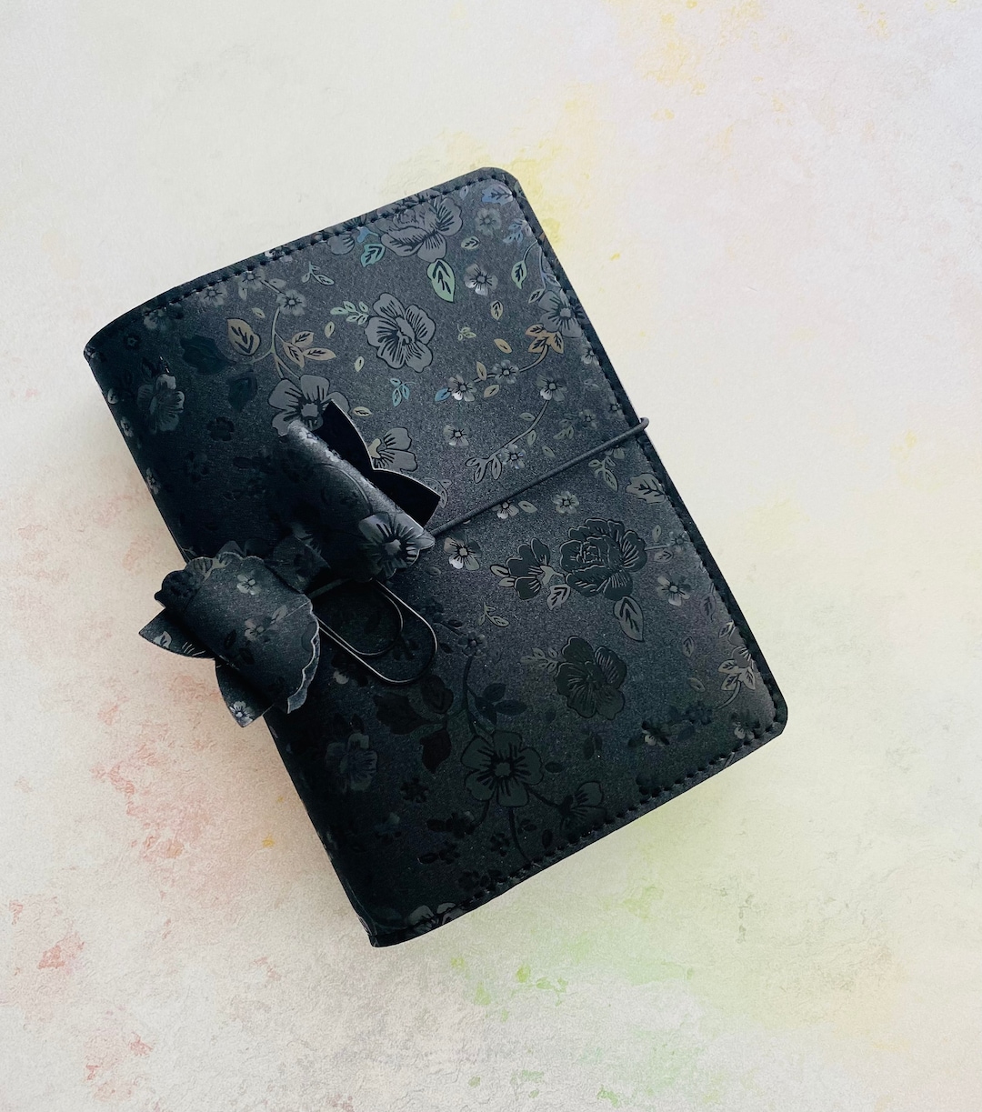 Handmade Black Floral Holographic Faux Leather Planner. Traveler’s ...