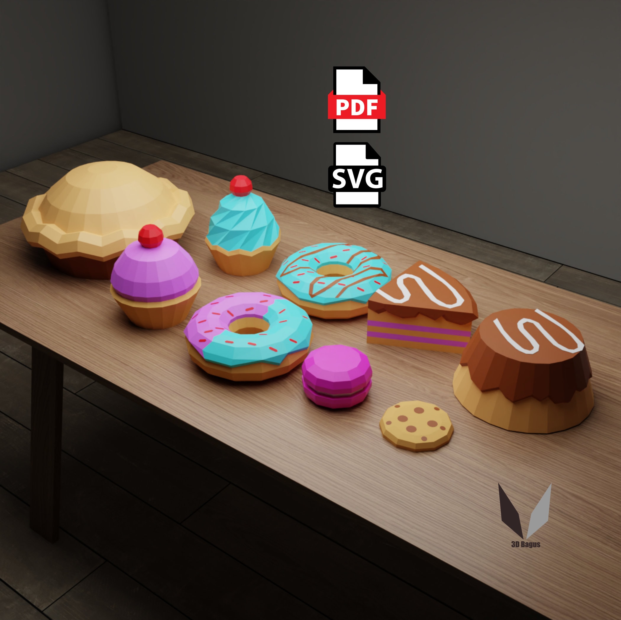 3D Dessert Bundle Papercraft: Low Poly Food Models (PDF Pattern) - Etsy