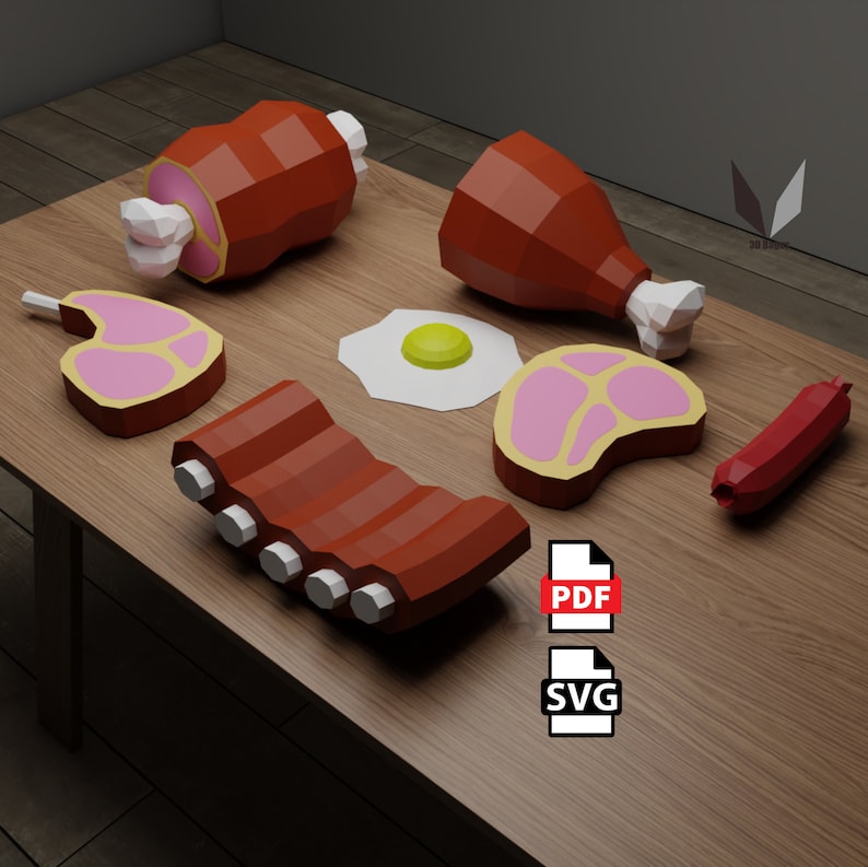 Meat BBQ Bundle Papercraft: Low Poly DIY Paper Sculpture (PDF Pattern ...