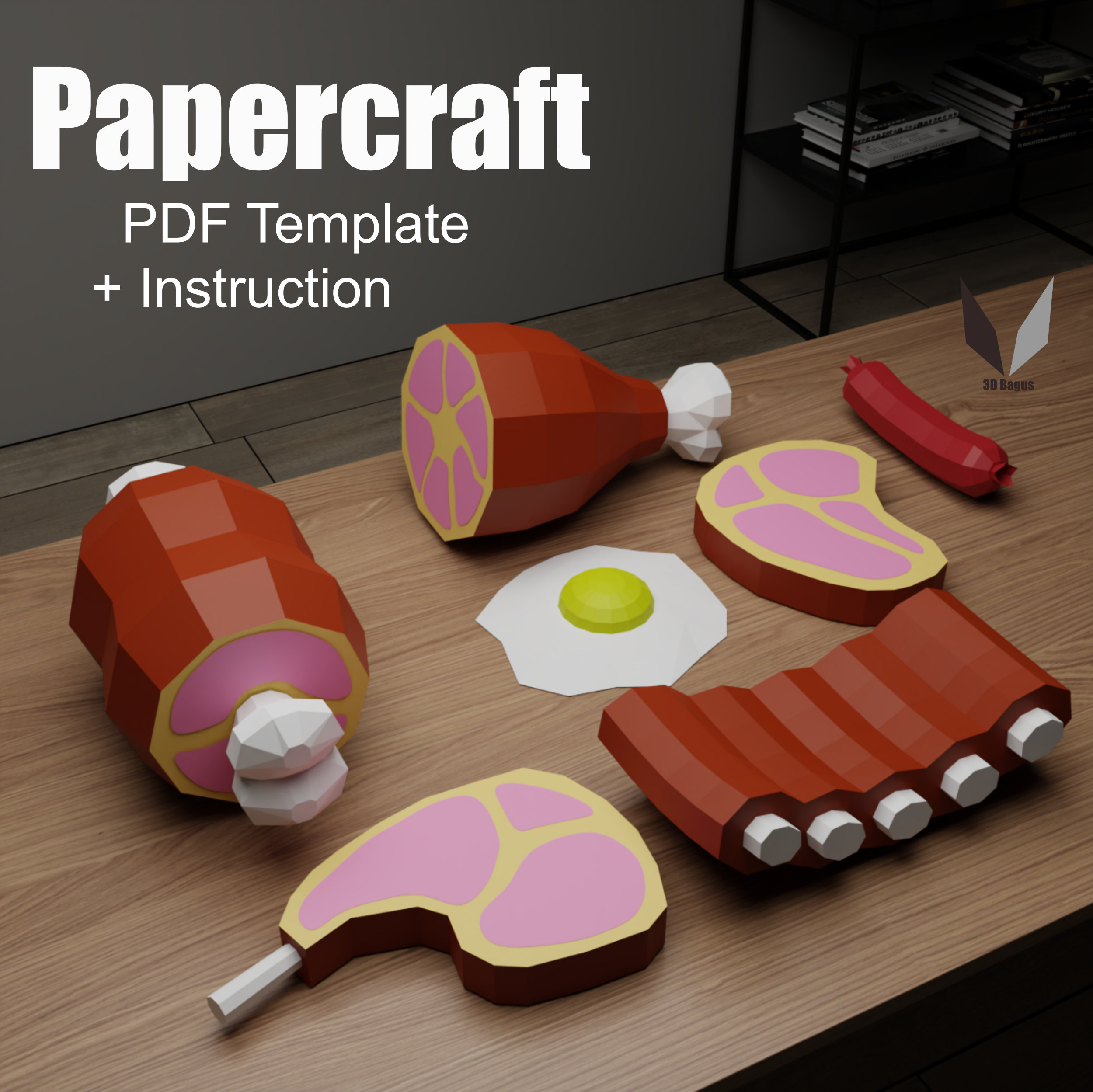 Meat BBQ Bundle Papercraft: Low Poly DIY Paper Sculpture (PDF Pattern ...