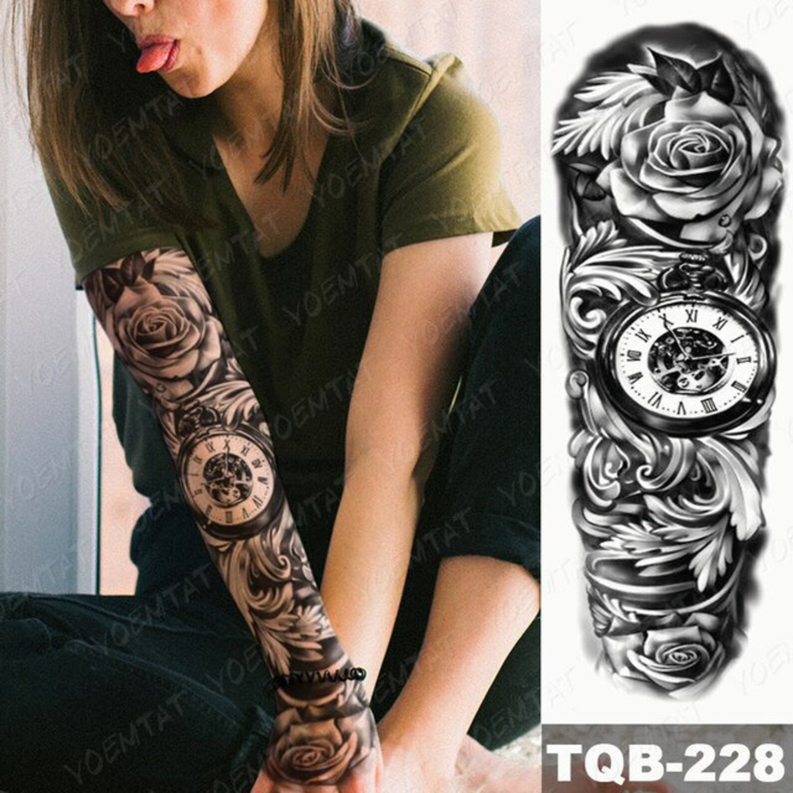 Body Art Black Full Arm / Thigh / Back / Calf Skull, Clocks, Rose ...