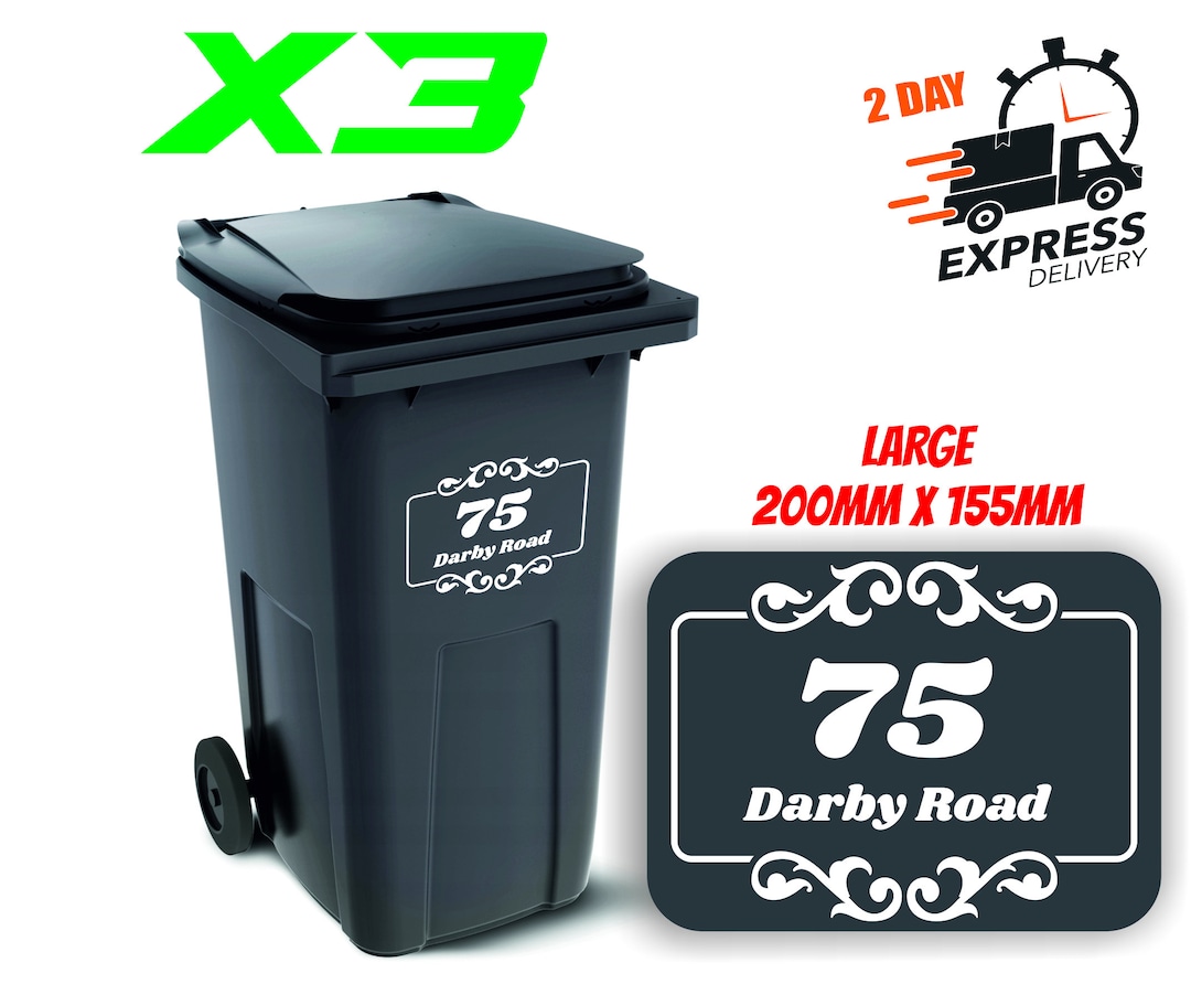 Custom Wheelie Bin Stickers X3 WHEELIE BIN NUMBERS House and Street ...