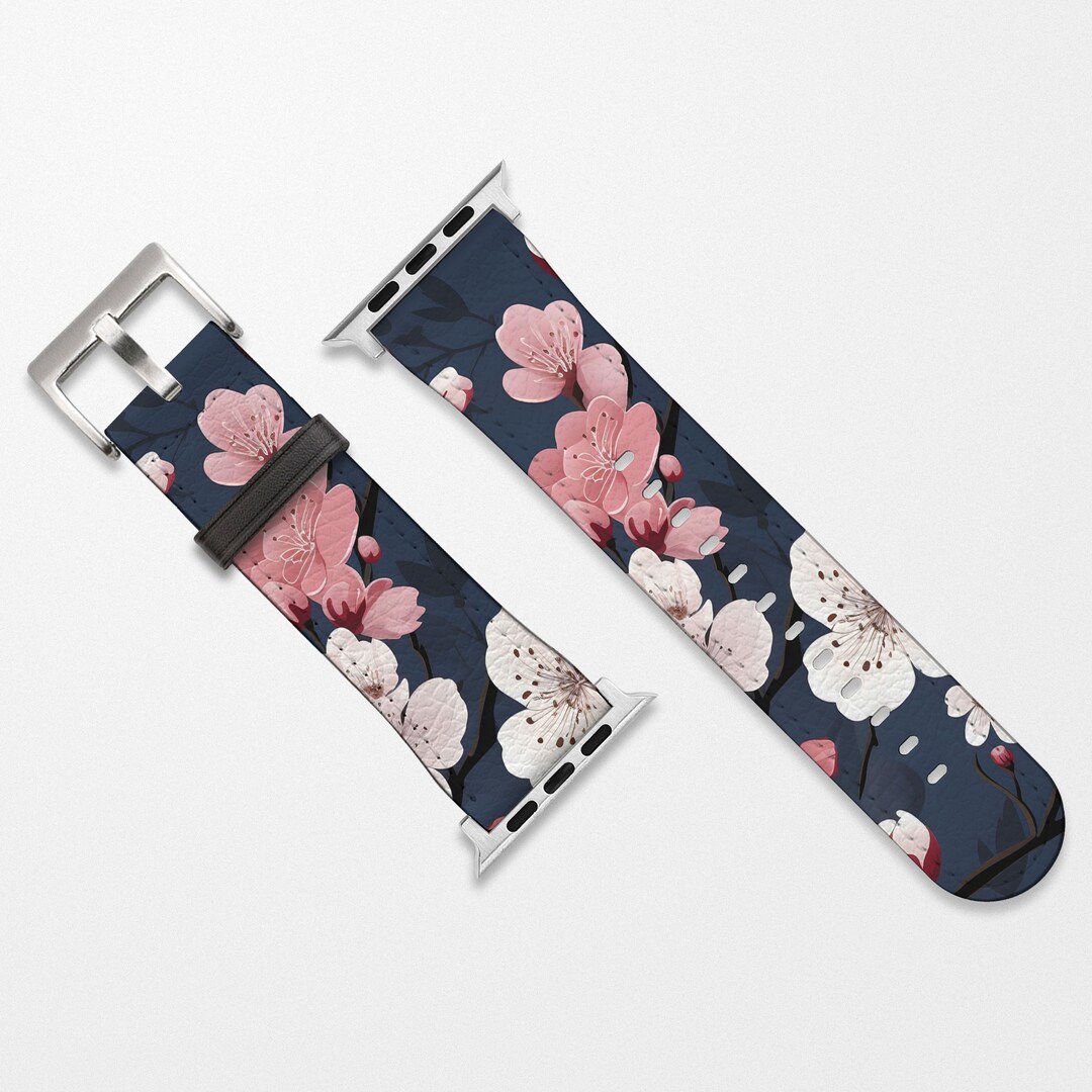 Pink and White Cherry Blossom Apple Watch Band Made of Vegan Faux ...