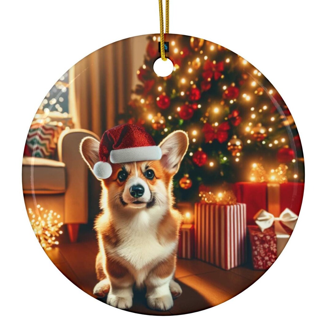 Personalized Corgi Dog in Front of Christmas Tree Ornament, Custom ...