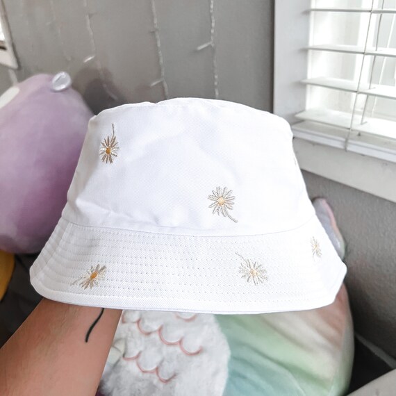 REVERSIBLE White Daisy Embroidery Solid Color Bucket Hat - Etsy