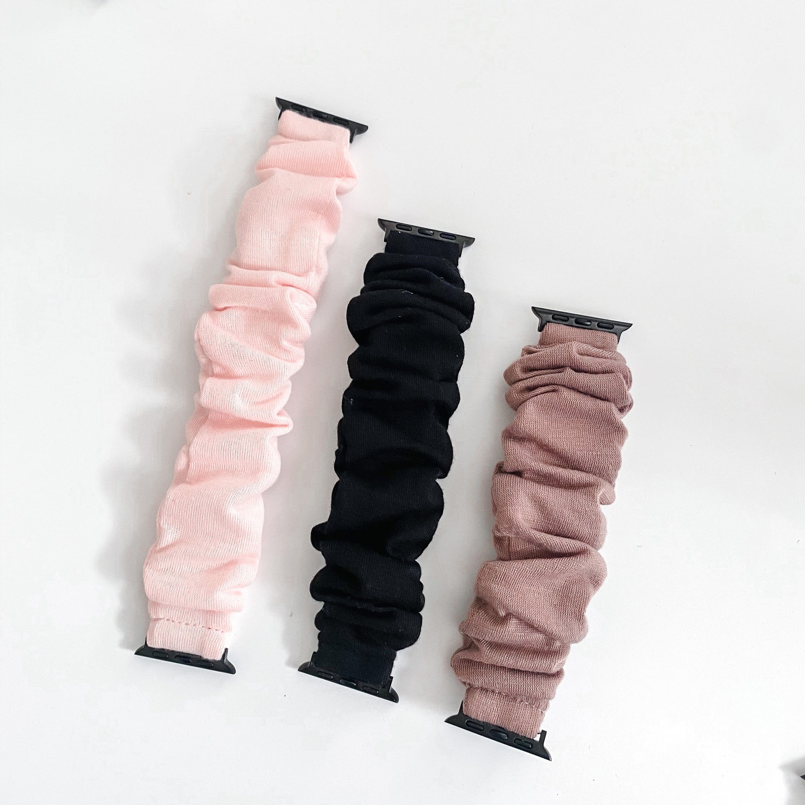 ADJUSTABLE Length Apple Watch Scrunchie Band Cotton Solid Colors Black ...