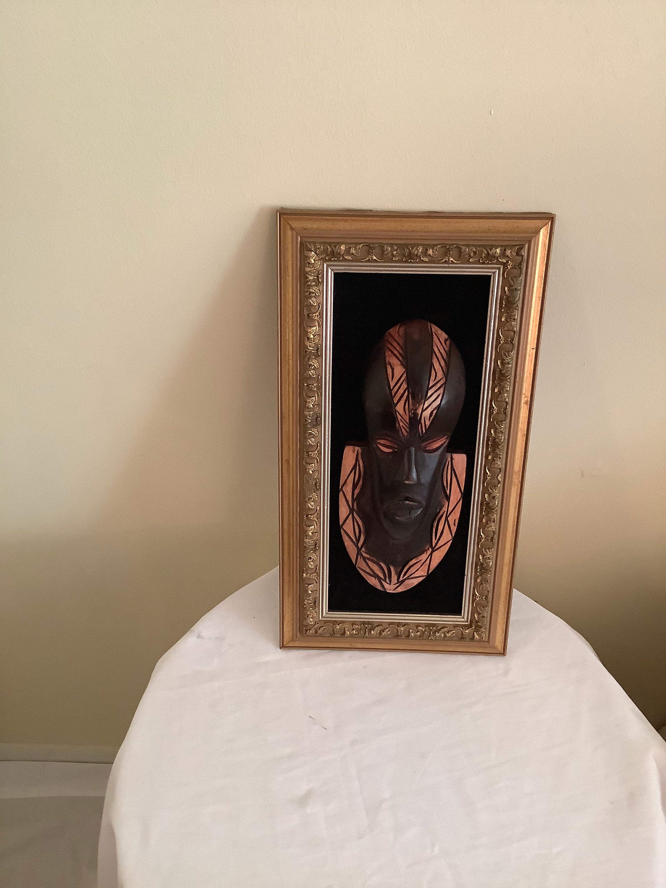 Framed African Tribal Mask and Shrunken Heads in Mirror Shadow Box w ...