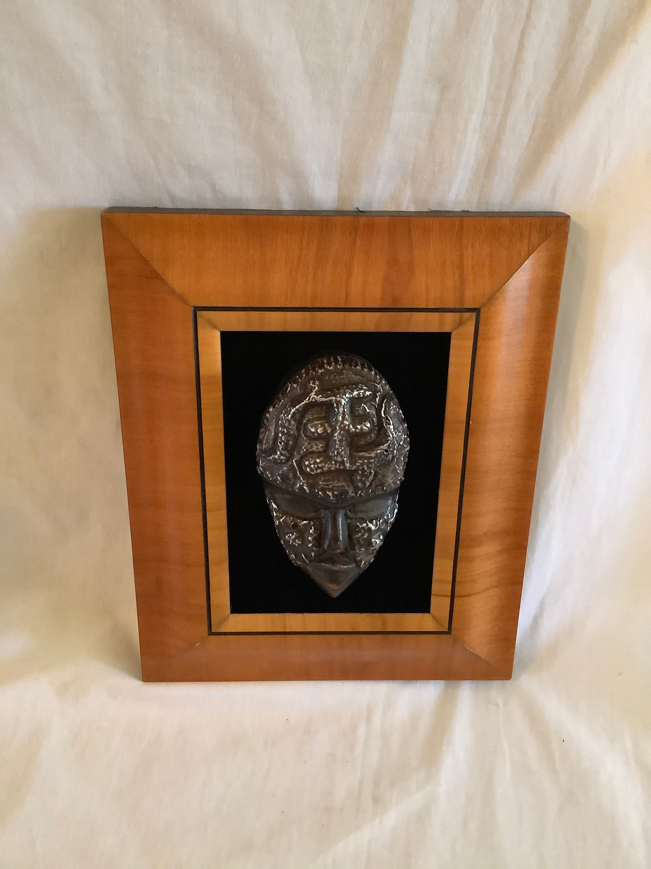 Framed African Tribal Mask and Shrunken Heads in Mirror Shadow Box w ...