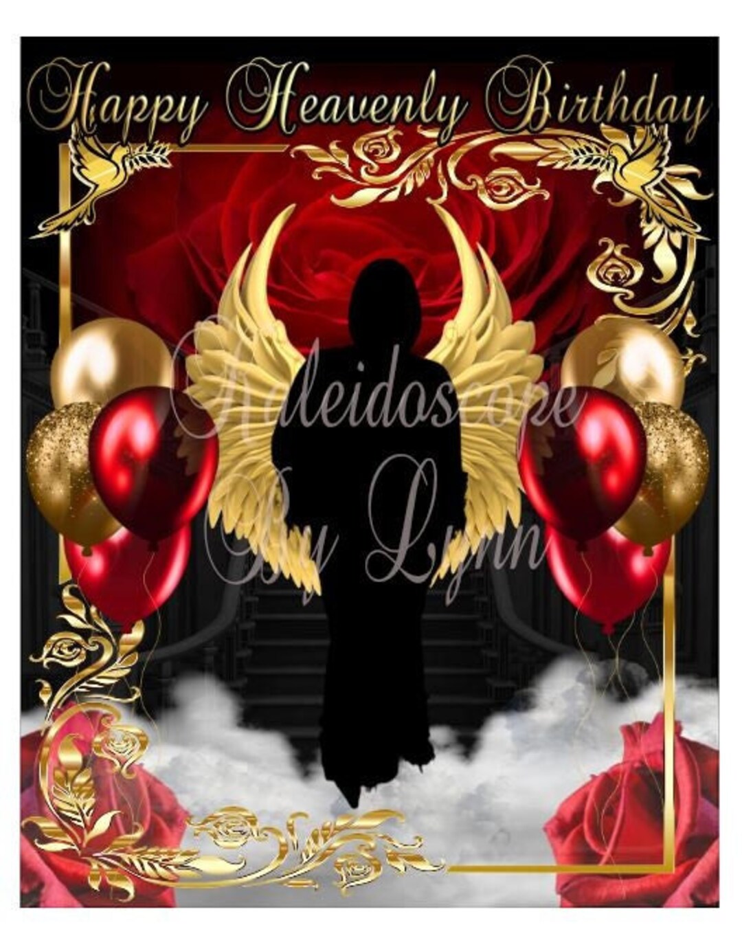 Happy Heavenly Birthday Red Rose and Gold Memorial PNG Add Photo ...