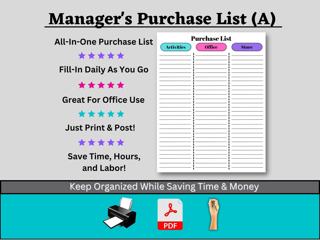 Manager's Purchase List (A) Categories- Activities, Office, and Store ...