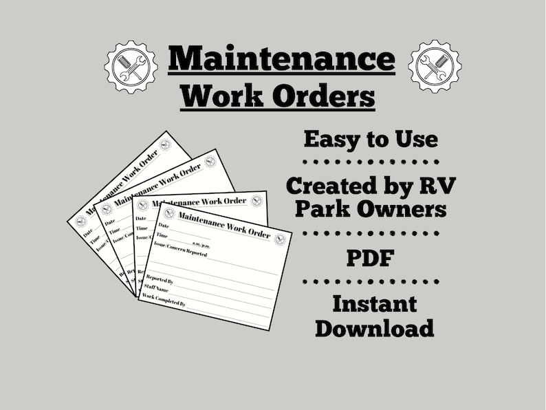 Maintenance Work Order Sheets, RV Park Maintenance, Campground ...