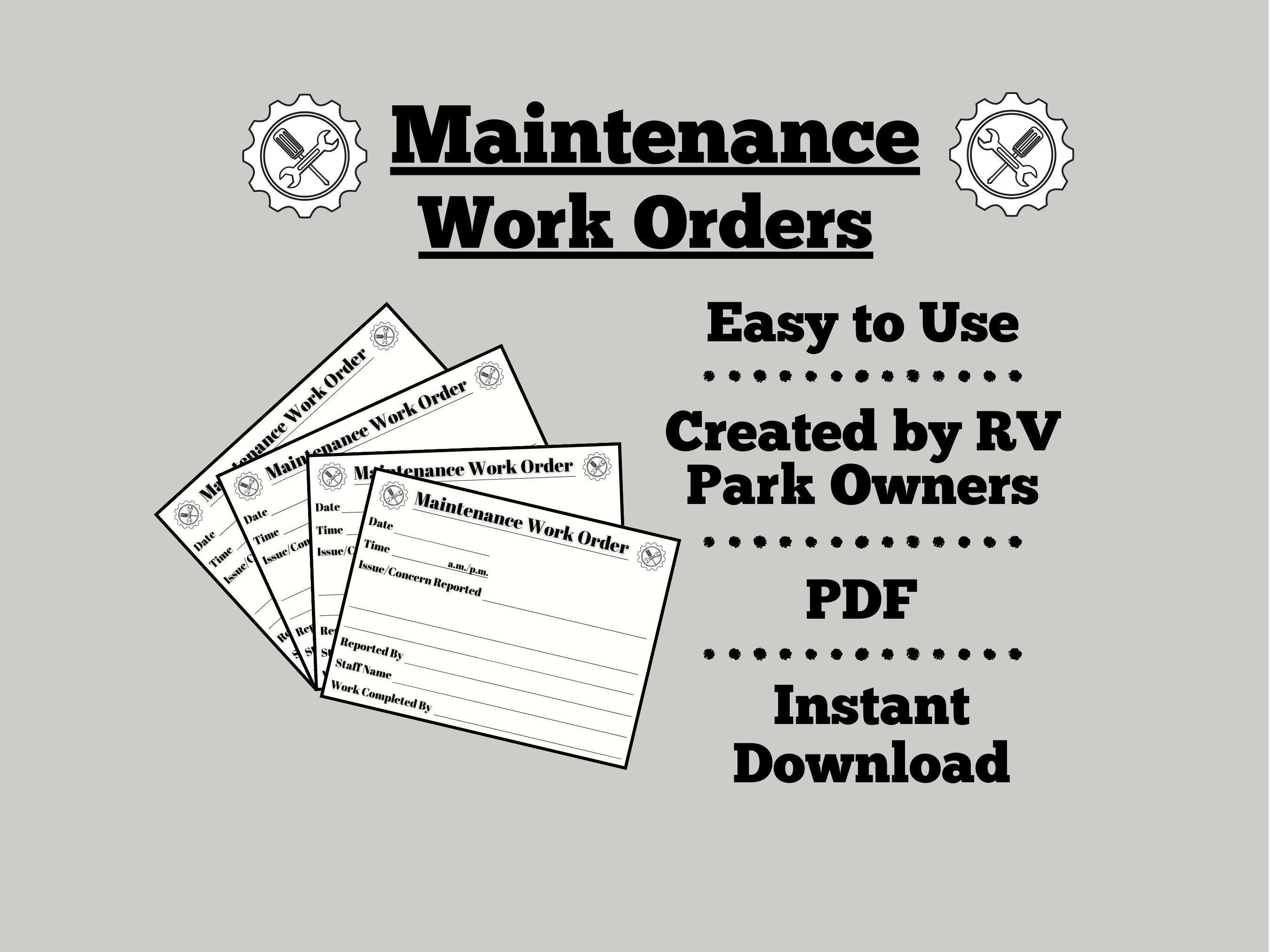 Maintenance Work Order Sheets, RV Park Maintenance, Campground ...