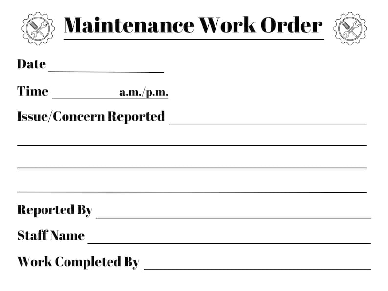 Maintenance Work Order Sheets, RV Park Maintenance, Campground ...