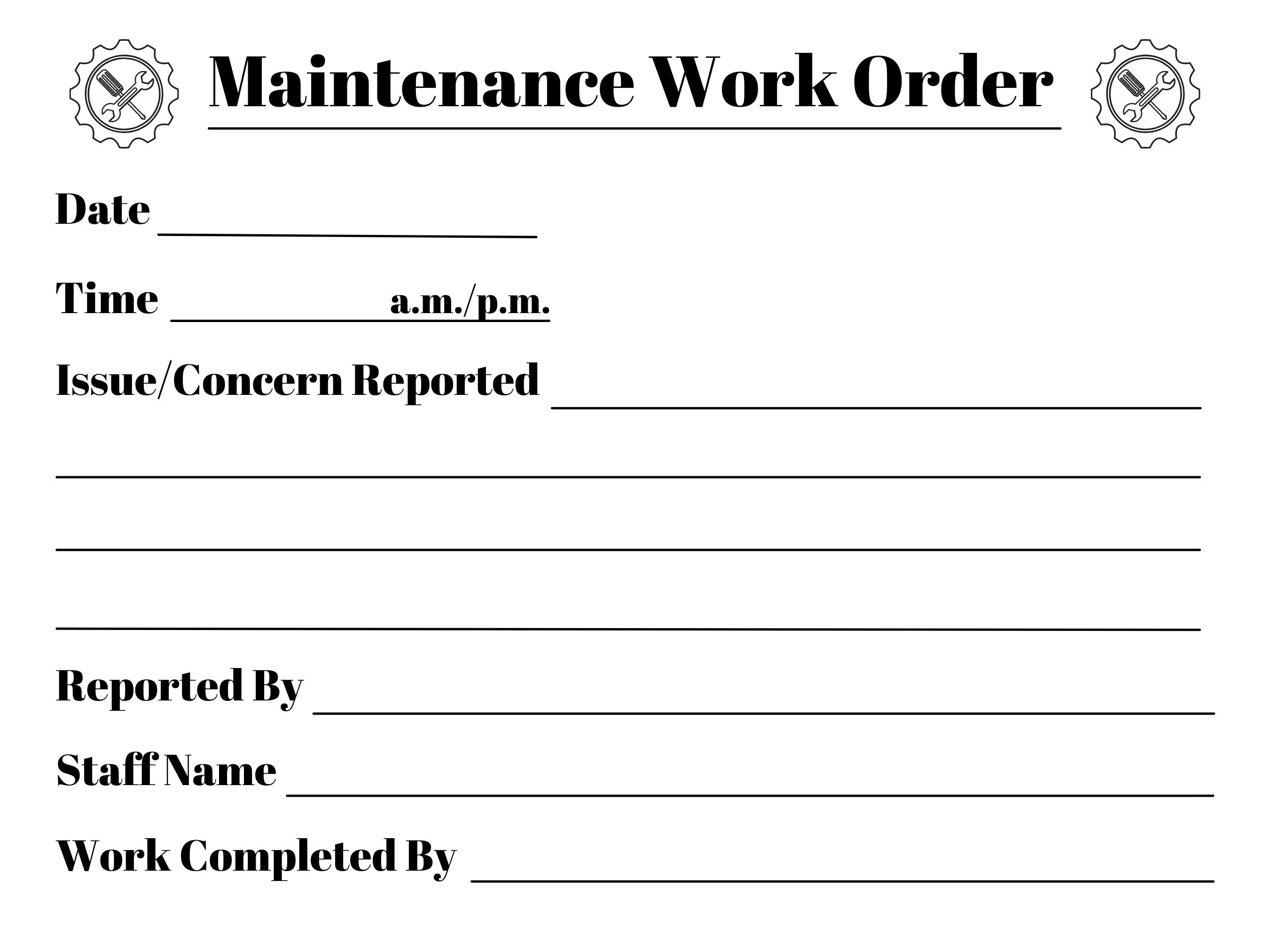 Maintenance Work Order Sheets, RV Park Maintenance, Campground ...