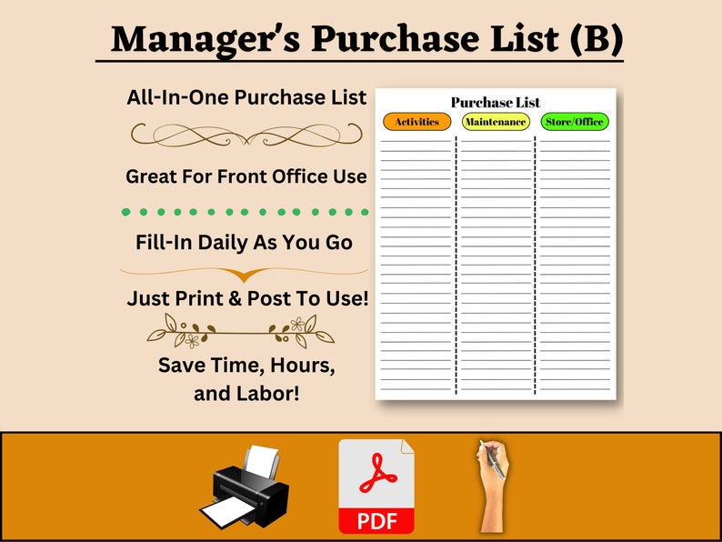 Manager's Purchase List (B) Categories Include- Activities, Maintenance ...