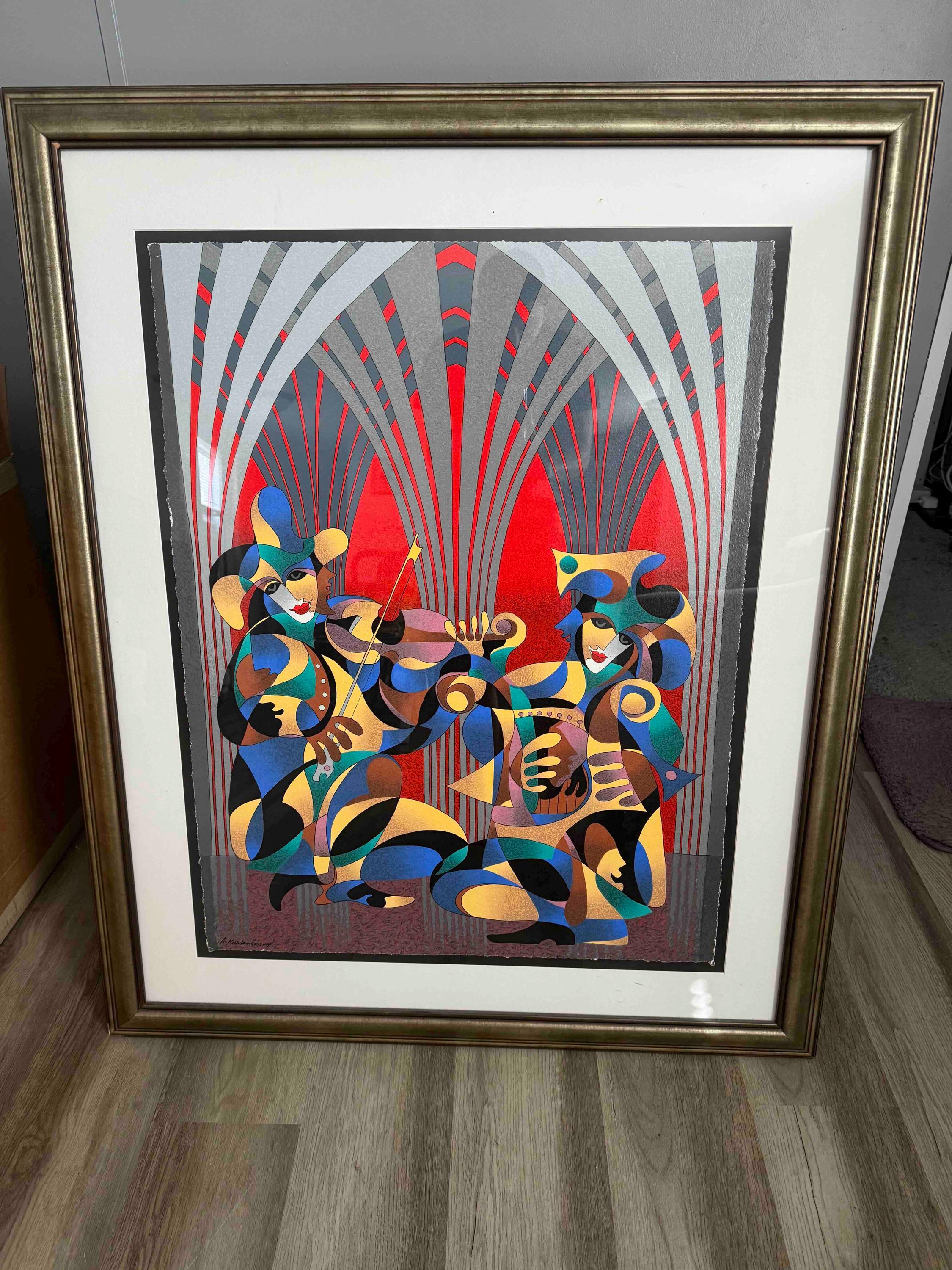 3pc. Krasnyansky, Anatole Serigraphs "embrace & Harp Ii" Framed 22" X 19" and "musical Duo" 2002 ...