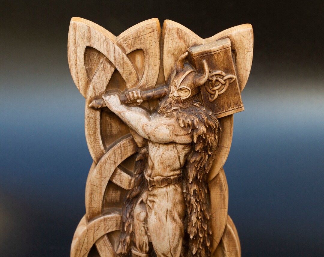 Thor Statue Tabletop Wood Sculpture Figurine Scandinavian Gods Statue ...