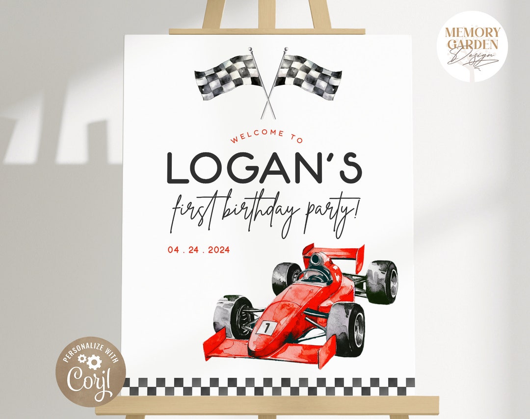 EDITABLE Fast One Boy First Birthday Welcome Sign I Vintage Red Race ...