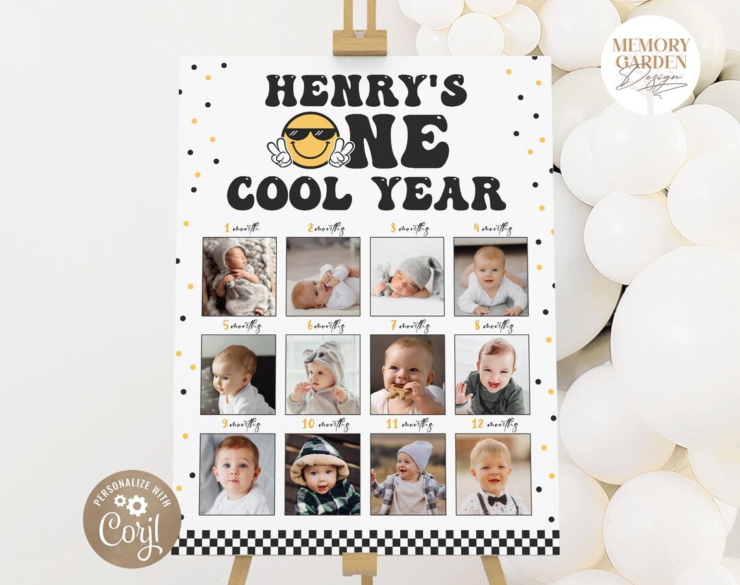 EDITABLE One Cool Dude Boy Birthday Photo Board I Smiley Happy Face 1st ...