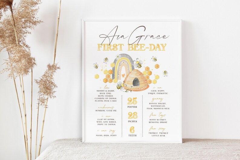EDITABLE Honey Bee First Birthday Stats Poster I Printable Watercolor ...