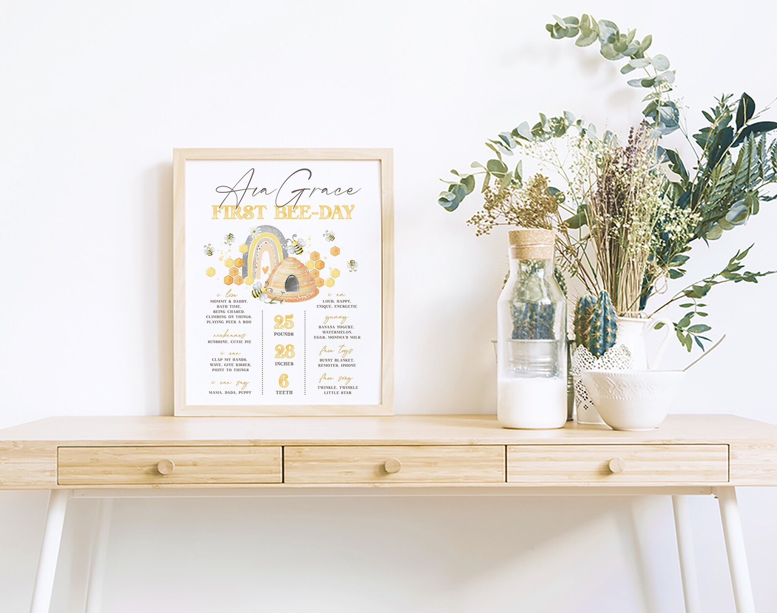 EDITABLE Honey Bee First Birthday Stats Poster I Printable Watercolor ...
