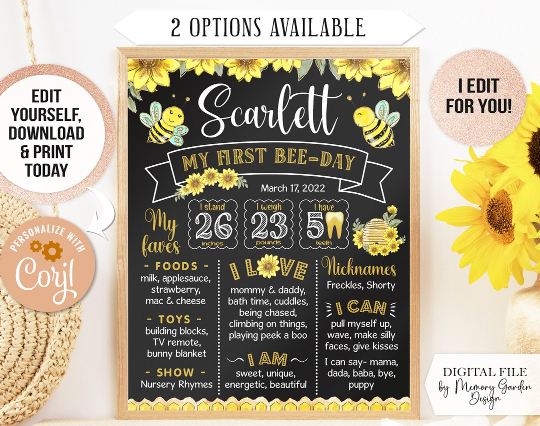 EDITABLE Honey Bee First Birthday Chalkboard Poster. Printable Bee-day ...