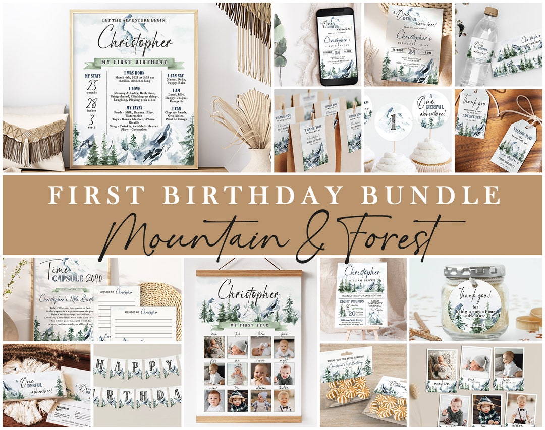 EDITABLE Watercolor Mountain & Forest Woodland First Birthday - Etsy