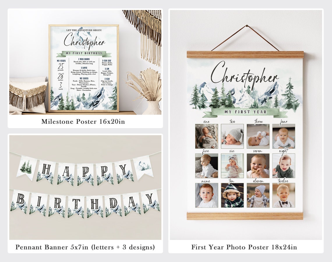 EDITABLE Watercolor Mountain & Forest Woodland First Birthday Party ...