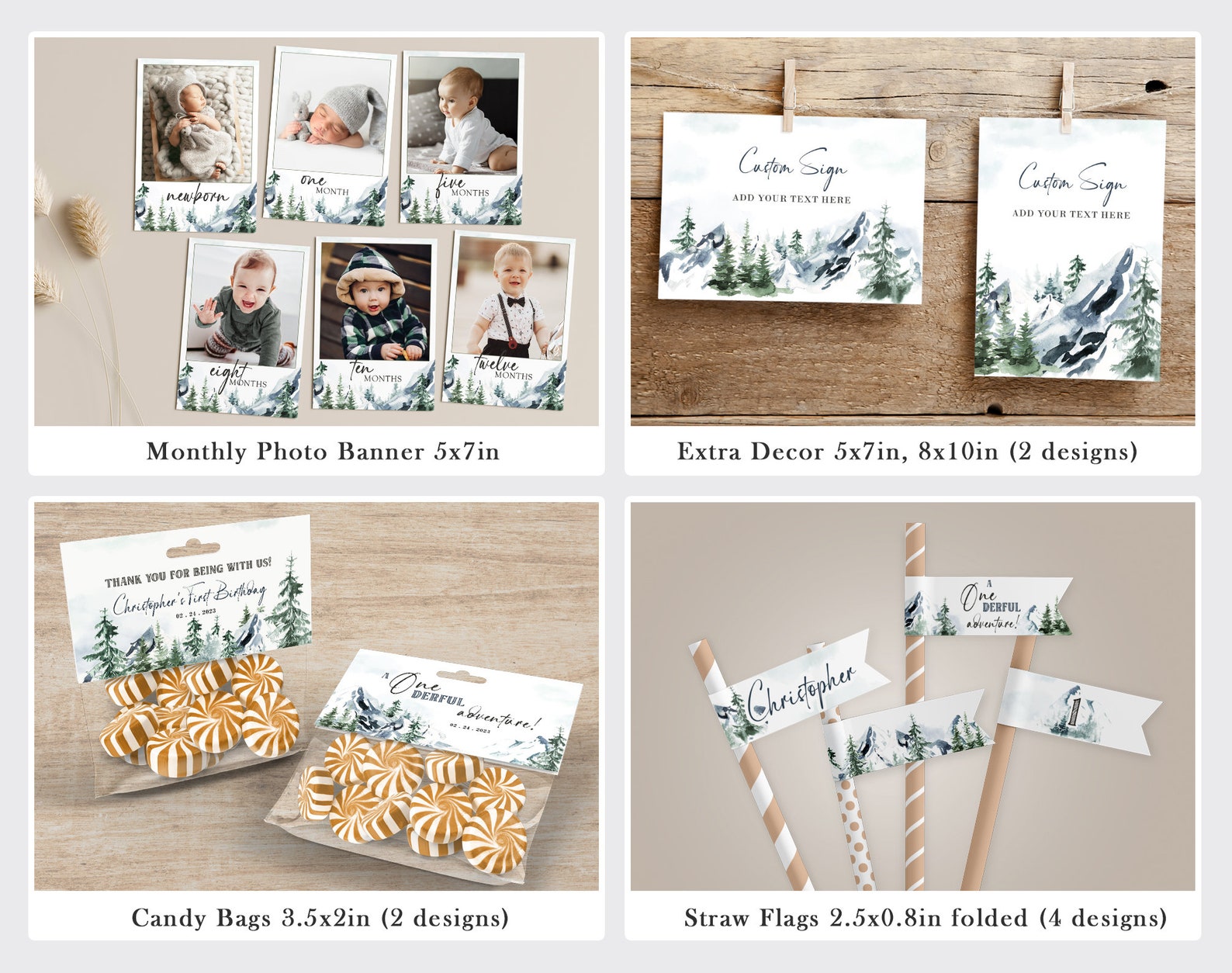 EDITABLE Watercolor Mountain & Forest Woodland First Birthday Party ...